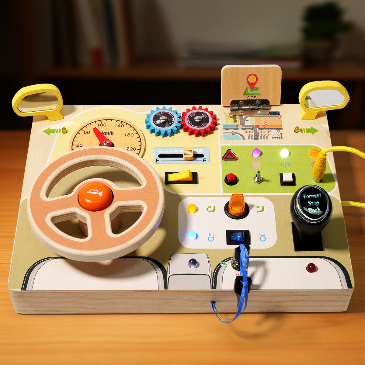 Busy Board de Madera con Volante y Luces LED | Moments Kids PTY